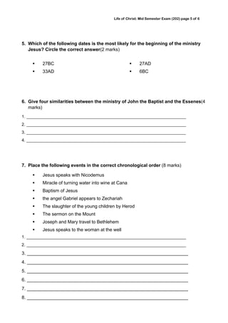 Life of Christ: Mid Semester Exam 2014 | PDF