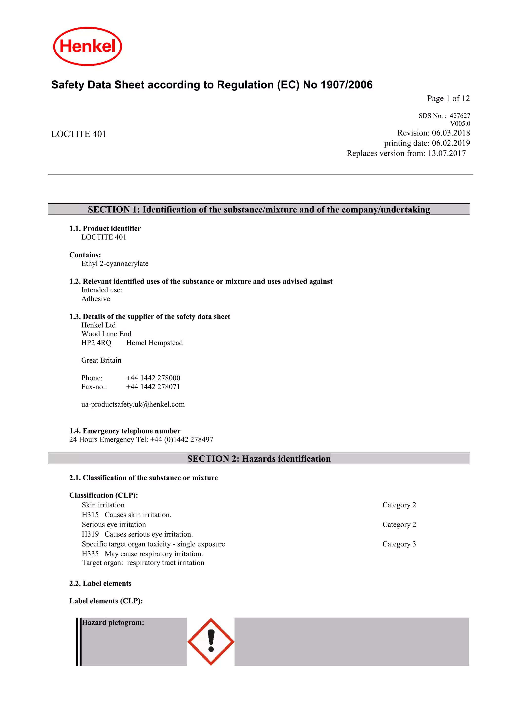 Loctite 401 msds | PDF