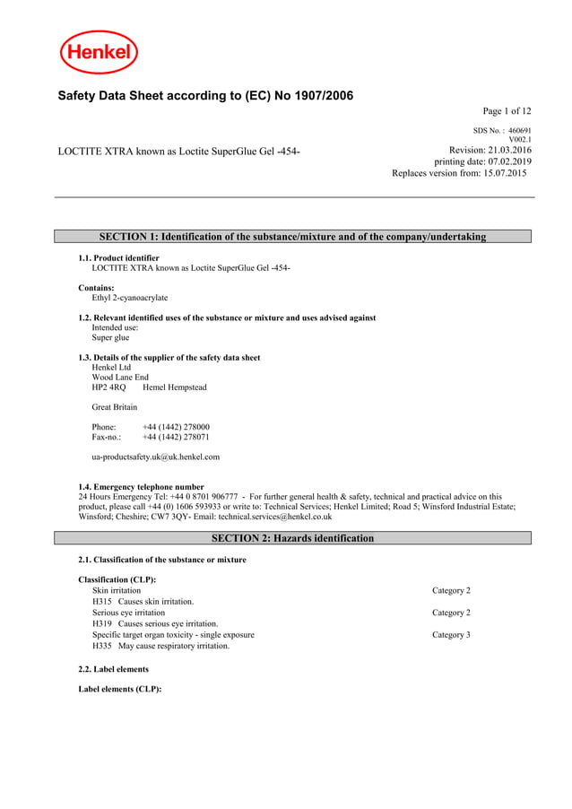 Loctite 454 msds | PDF | Skin Care | Beauty