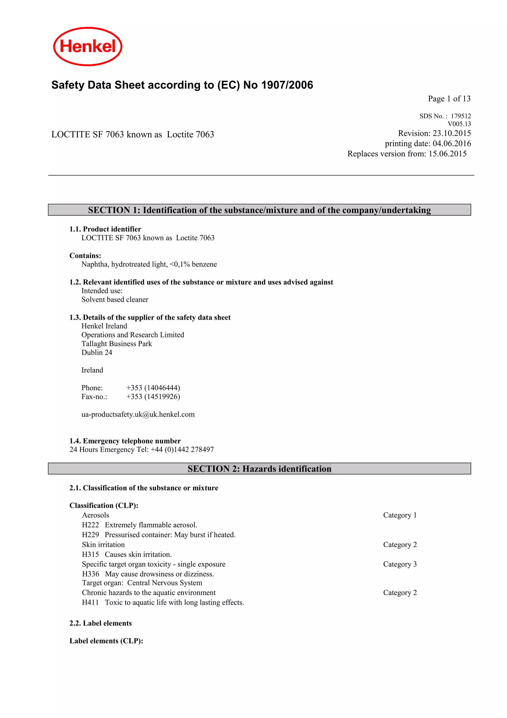 Loctite 7063 400 ml msds 88344 | PDF