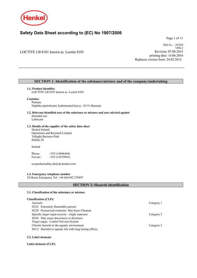 Loctite lb 8101 400 ml msds 303134 | PDF | Eye and Vision Conditions ...