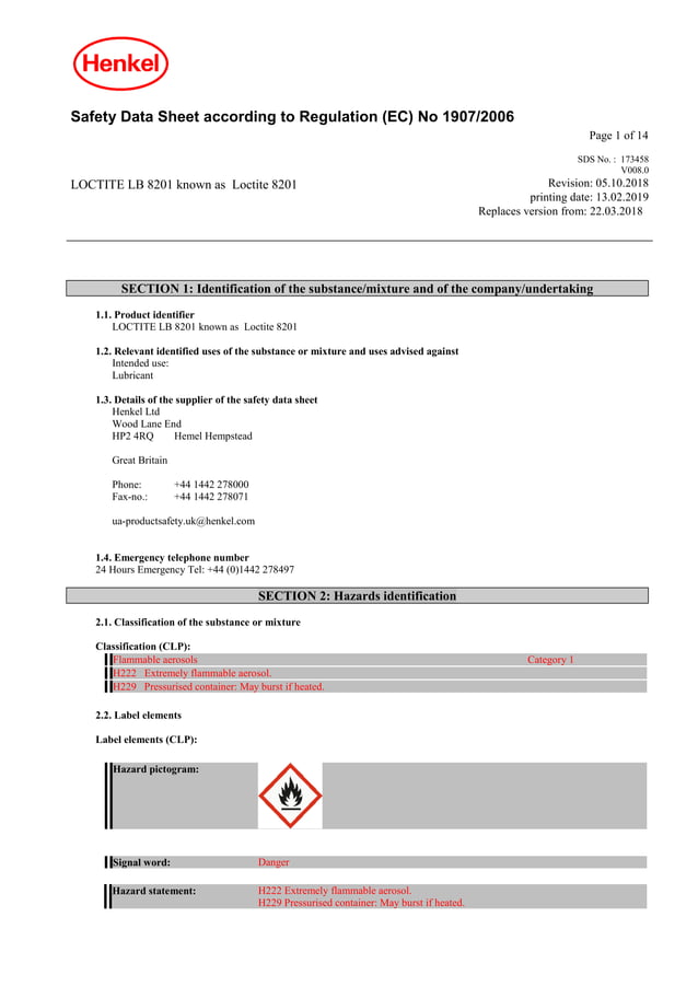 Loctite lb 8201 msds | PDF | Chemistry | Science