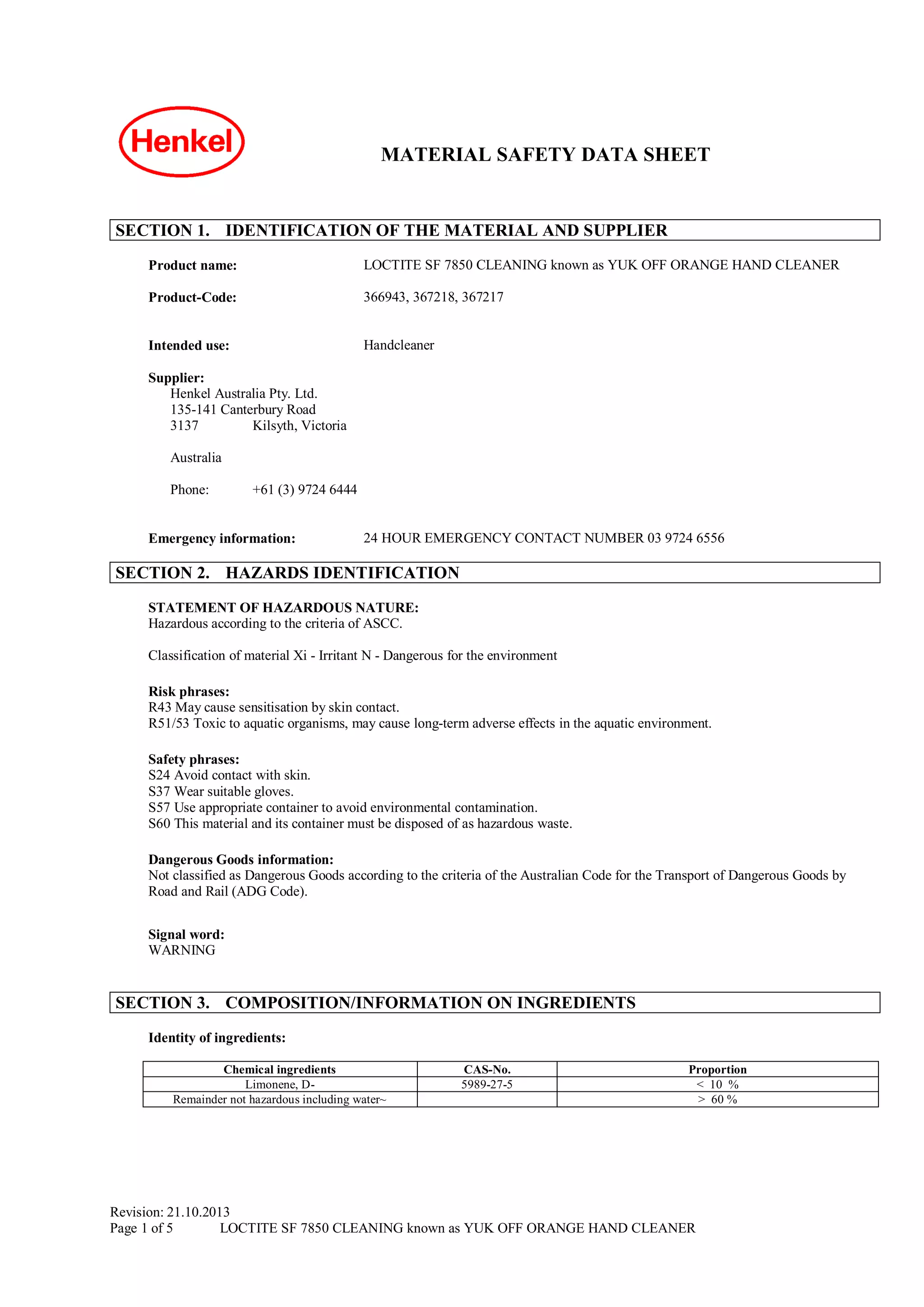 Loctite sf 7850 3 l msds 1658114 | PDF