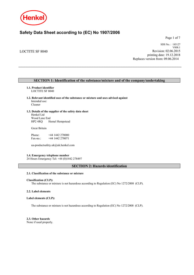 Loctite sf 8040 msds | PDF | First Aid | Injuries