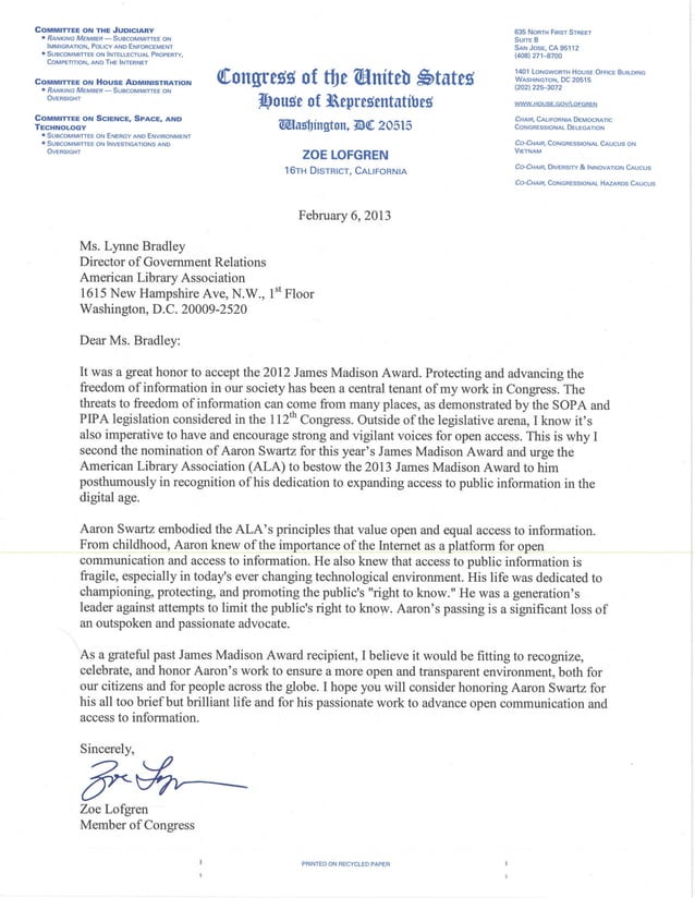 Zoe Lofgren letter to ALA nominating Aaron Swartz for the Madison award ...