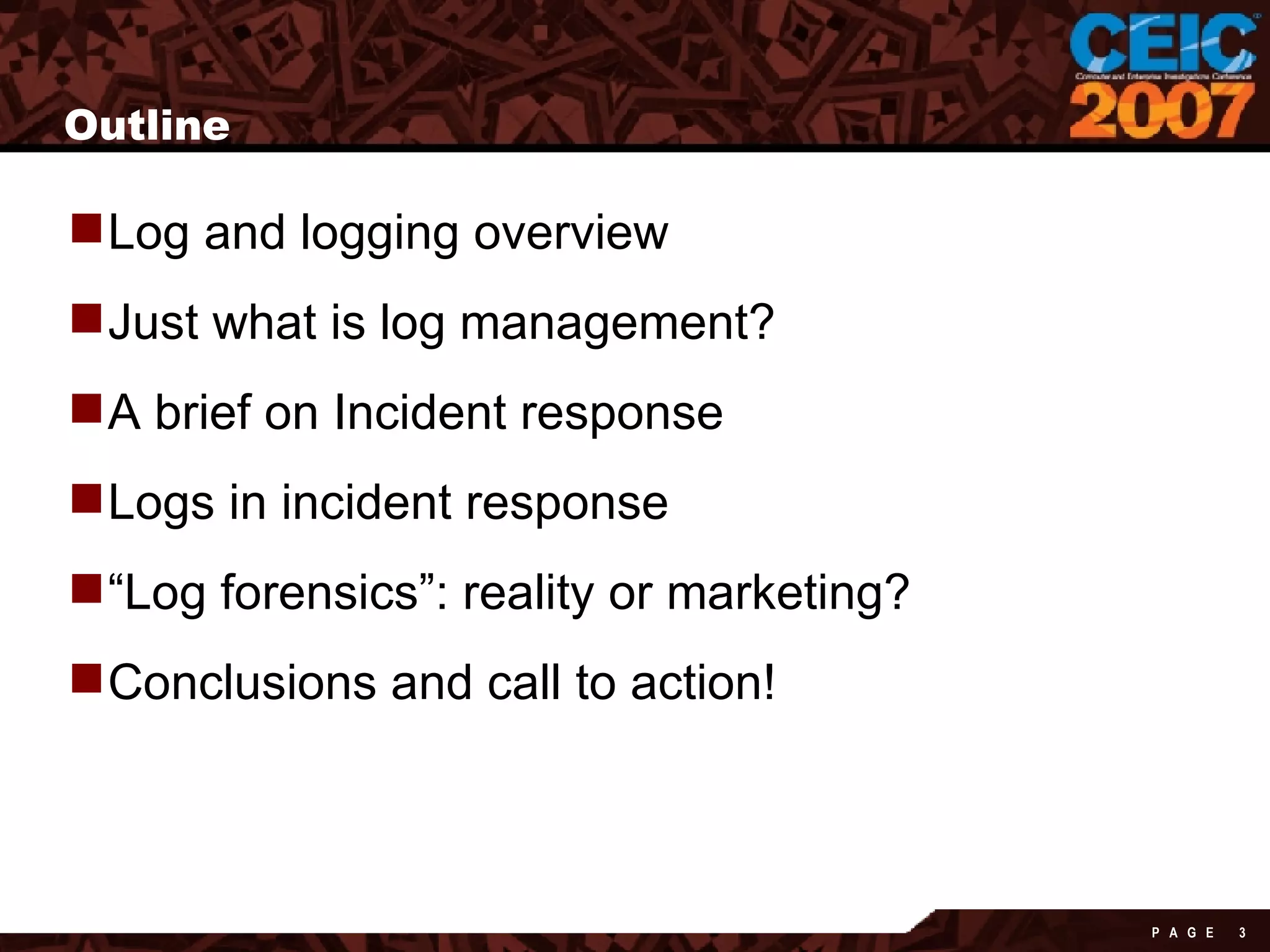 Log Forensics from CEIC 2007 | PPT | Information and Network Security | Computing