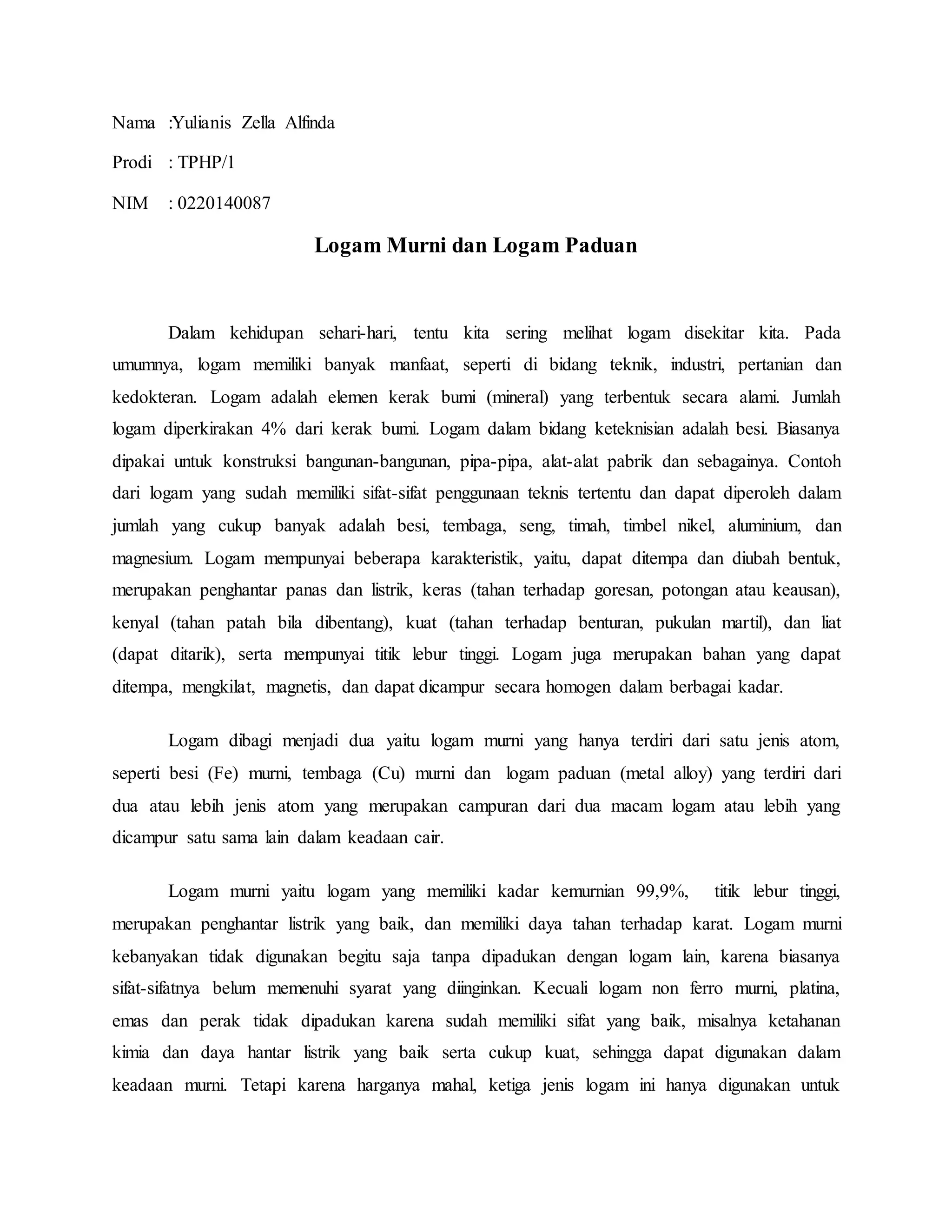 Makalah Logam murni dan logam paduan | DOCX