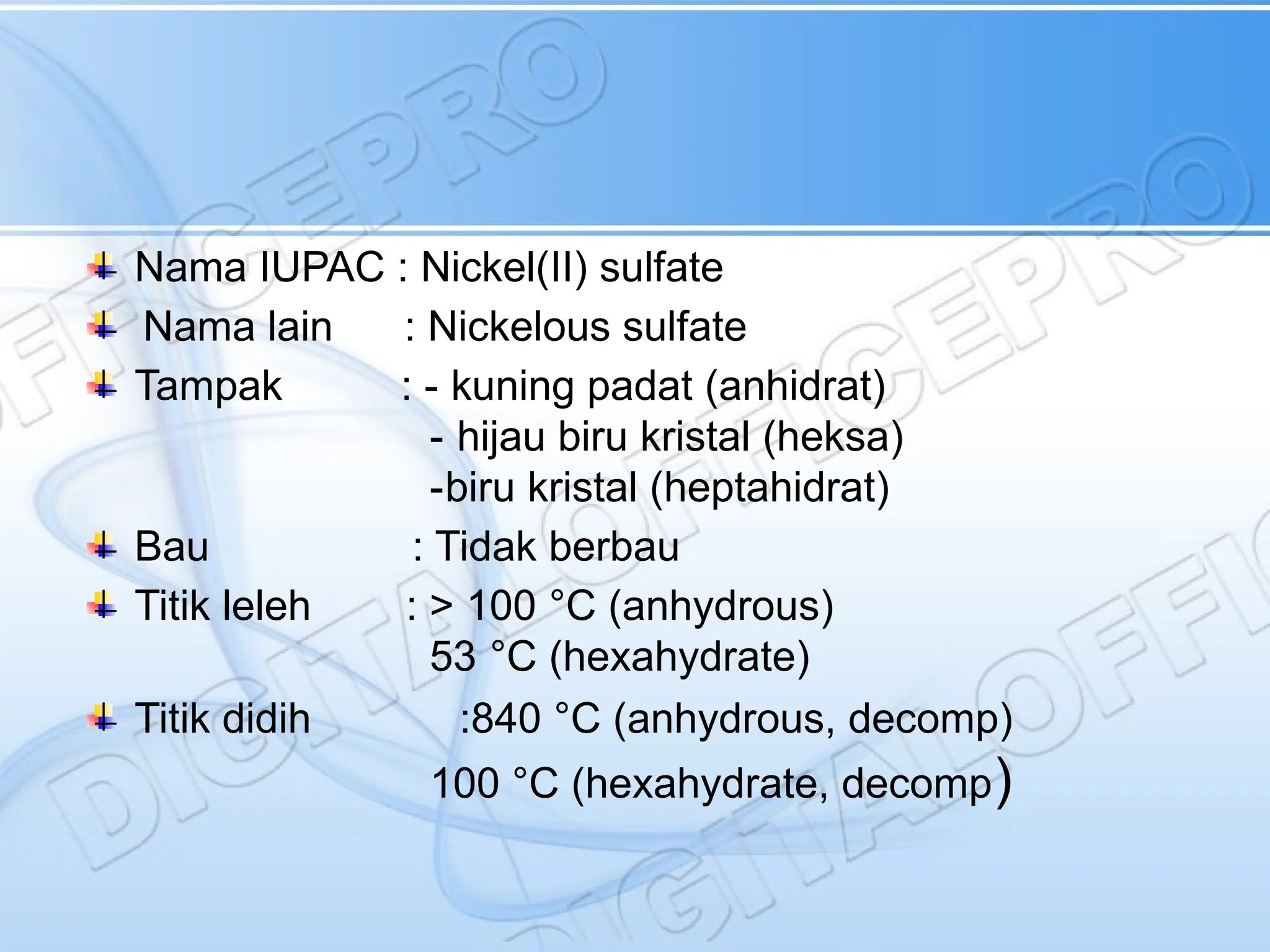 Logam Nikel, sifat kimia fisika beserta persenyawaannya | PPTX