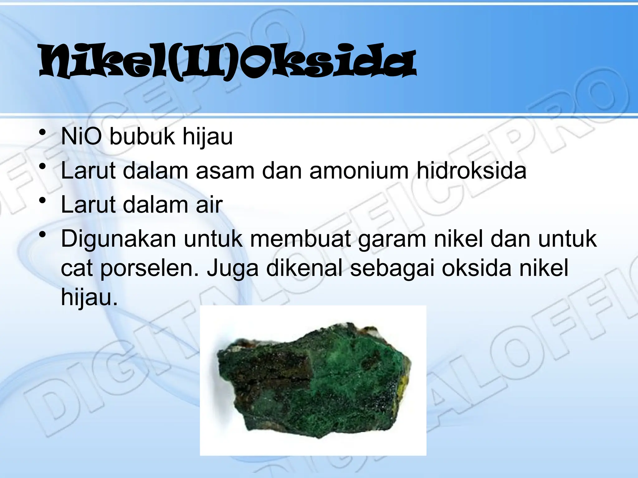 Logam Nikel, sifat kimia fisika beserta persenyawaannya | PPTX