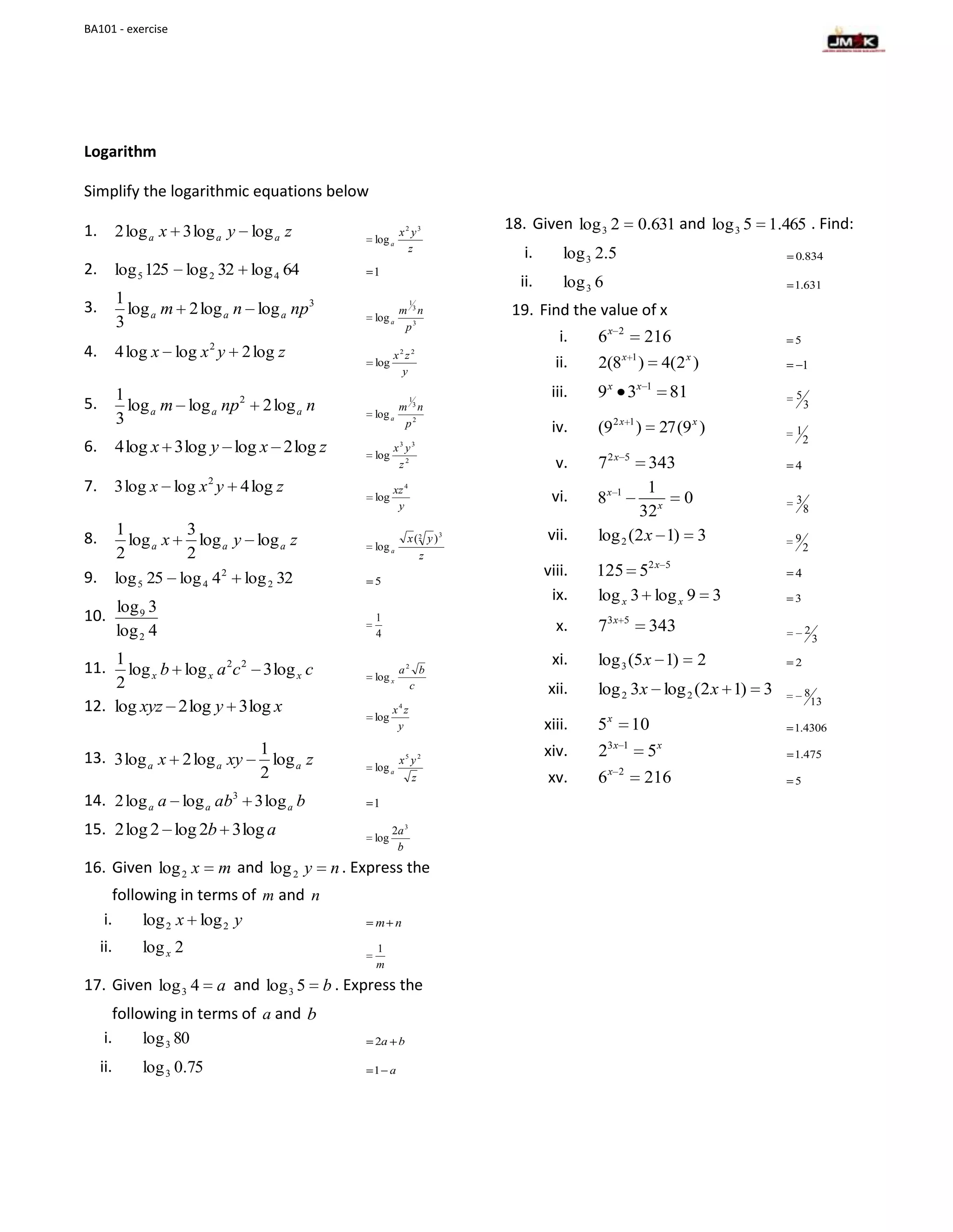Logarithm exercise | DOCX