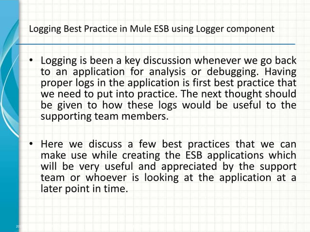 Logging best practice in mule using logger component | PPTX | Programming Languages | Computing