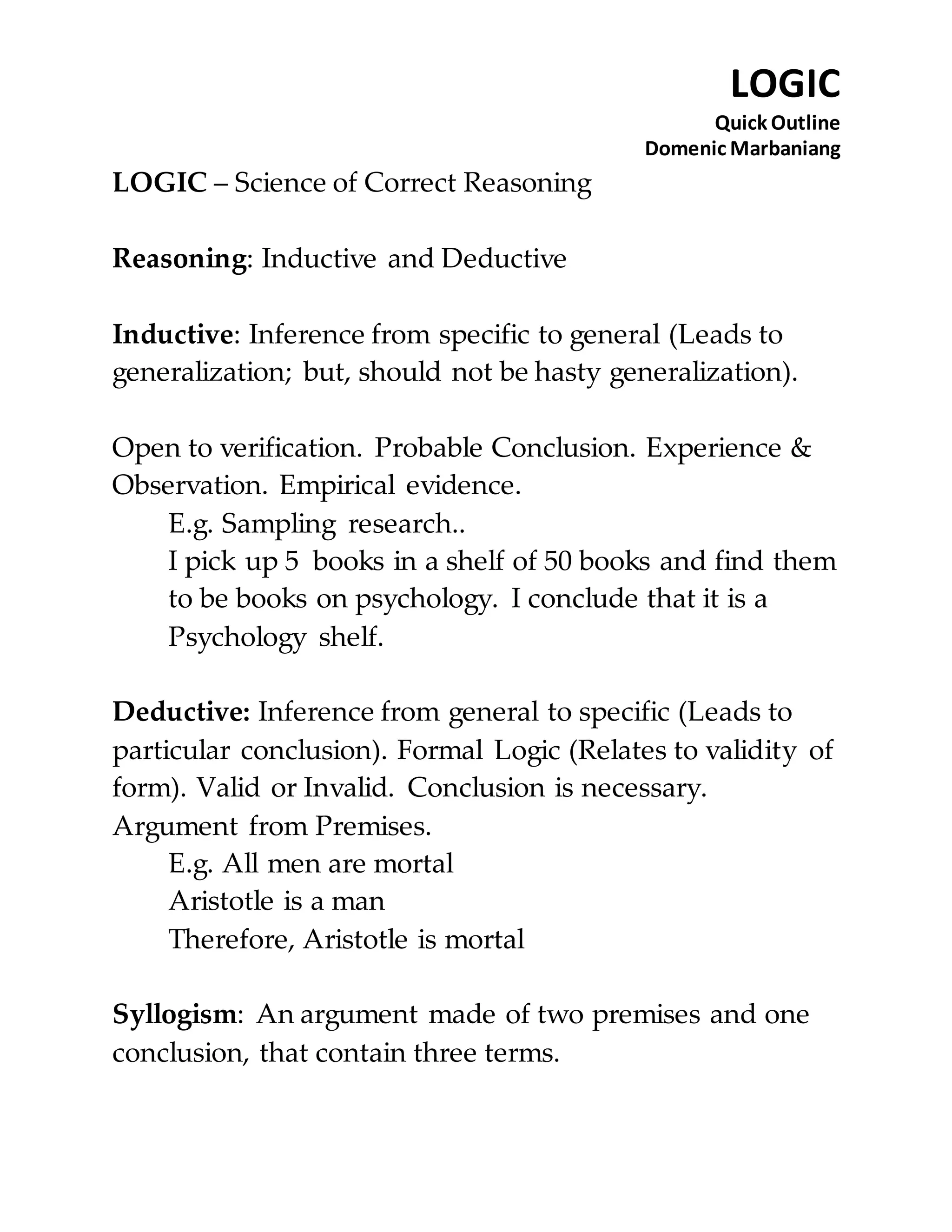 Formal Logic: Quick Outline | PDF