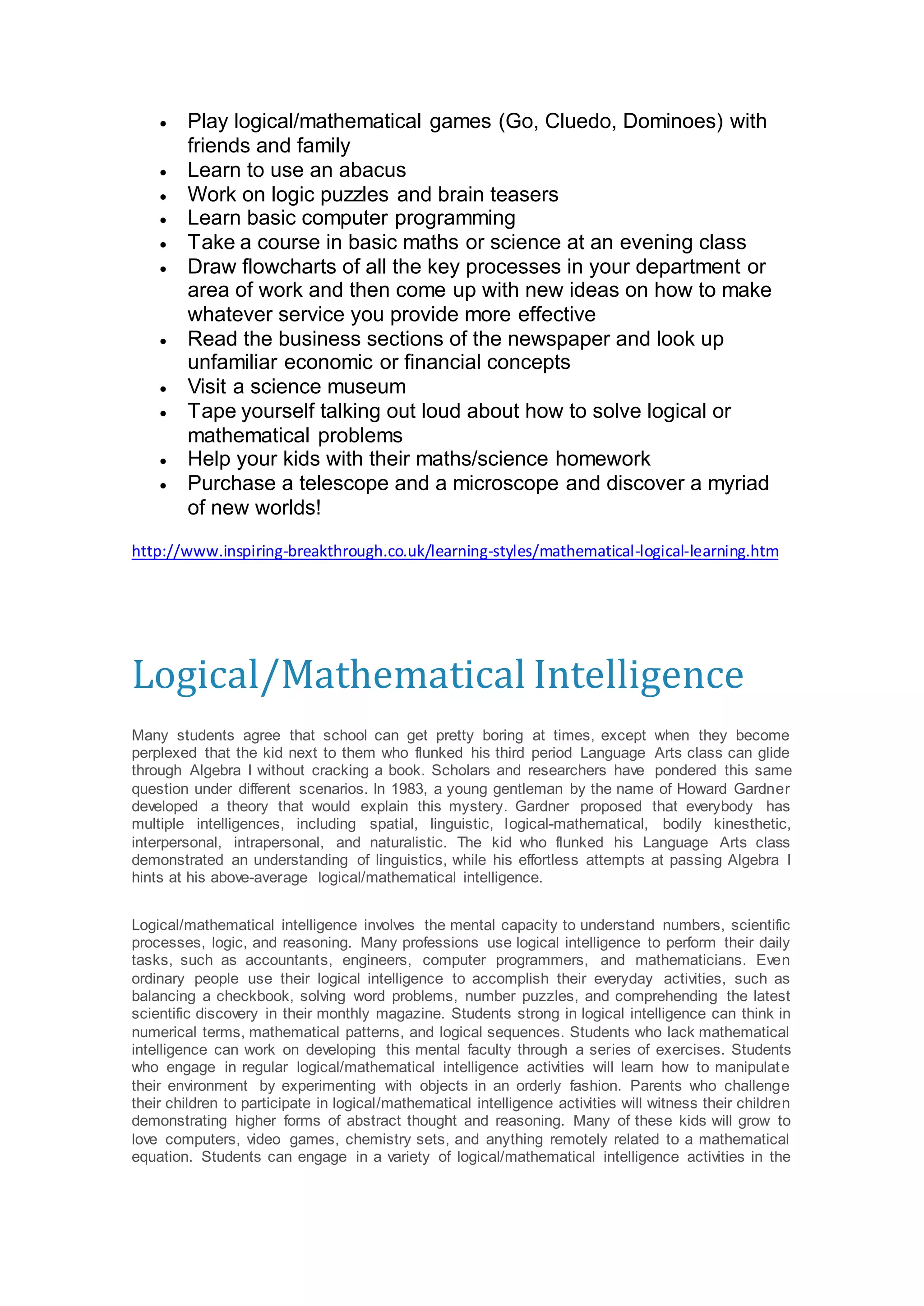 Logicalmathematical and linguistic intelligent | DOCX | Educational ...