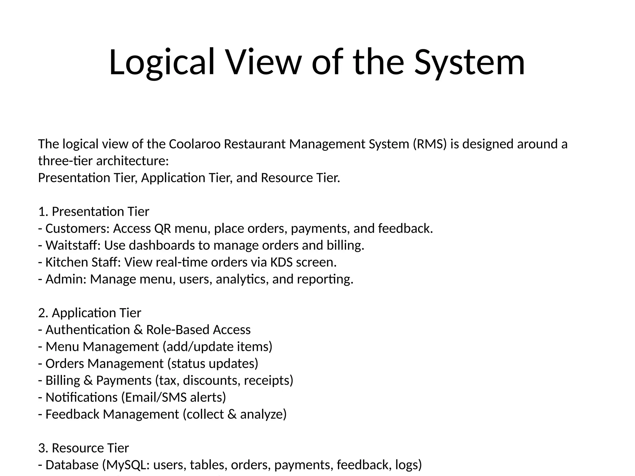 Logical View of the system of the Restaurant Management | PPTX