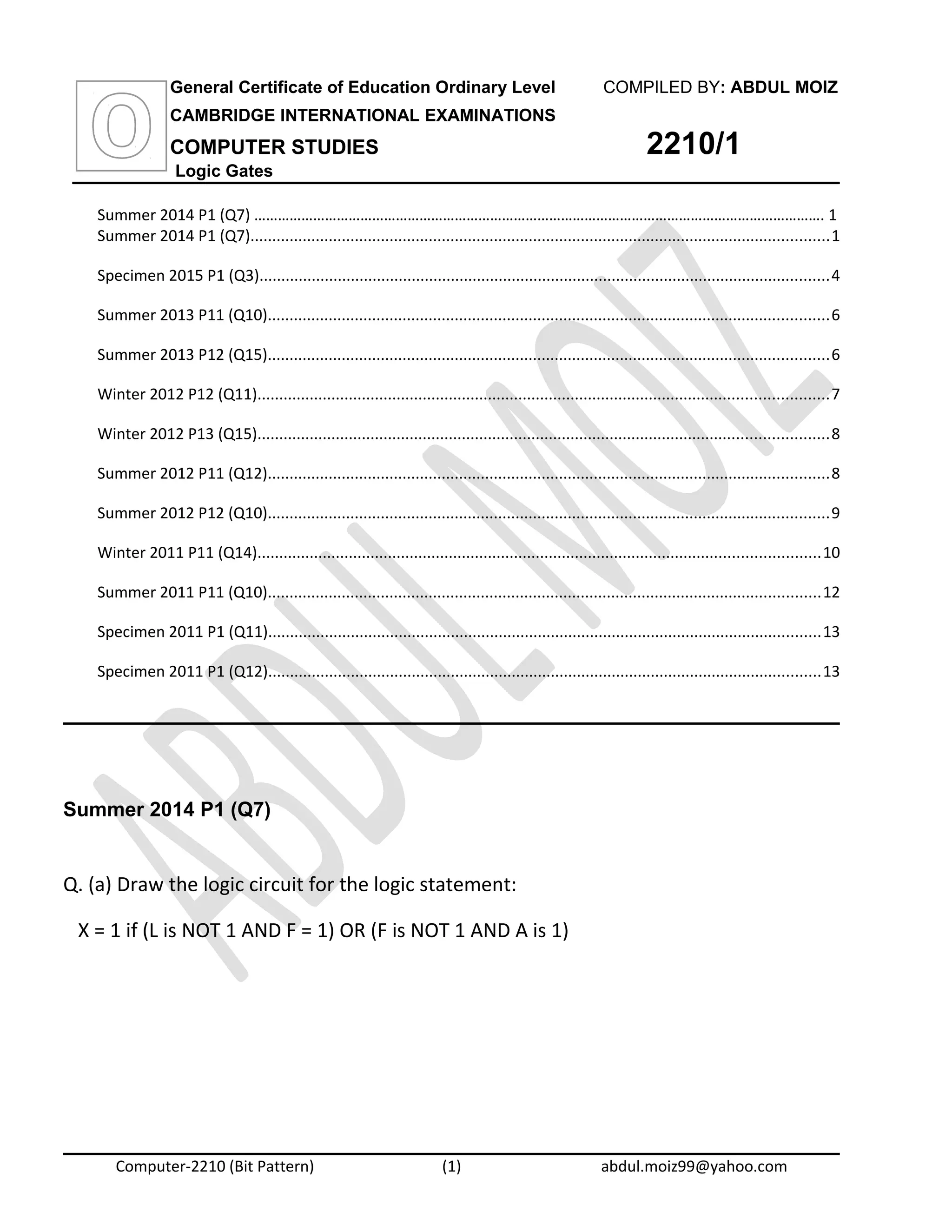 Logic Gates O level Past Papers questions | DOC