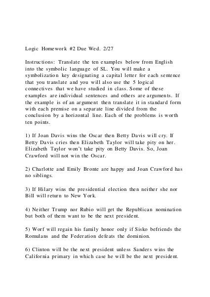 Logic Homework #2 Due Wed. 227Instructions Translate the t | PDF