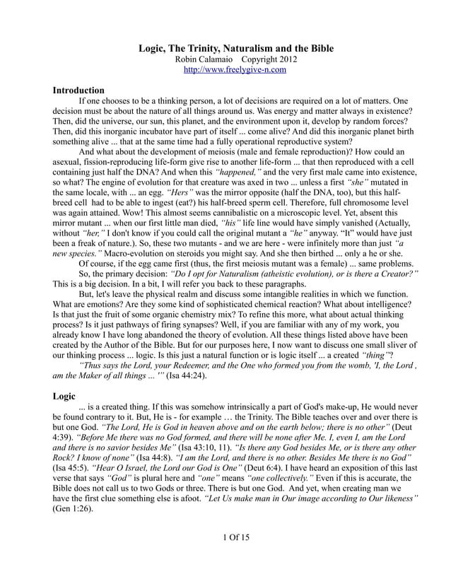 Logic The Trinity, Naturalism and The Bible, Robin Calamaio | PDF