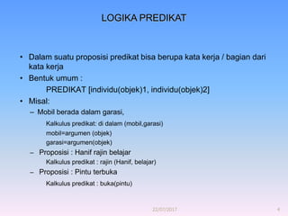 Logika predikat. logika predikat disebut juga kalkulus predikat (predicate calculus) atau first ...