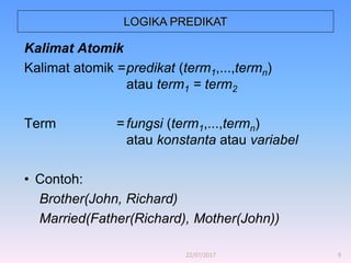 Logika predikat. logika predikat disebut juga kalkulus predikat ...
