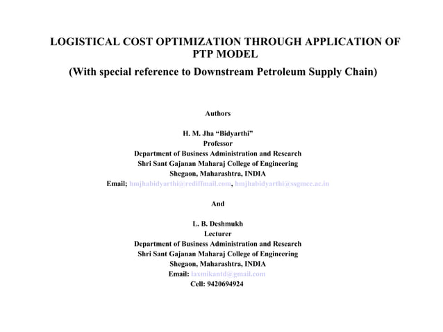 Logistical Cost Optimization Through Application Of Ptp Model | PPT