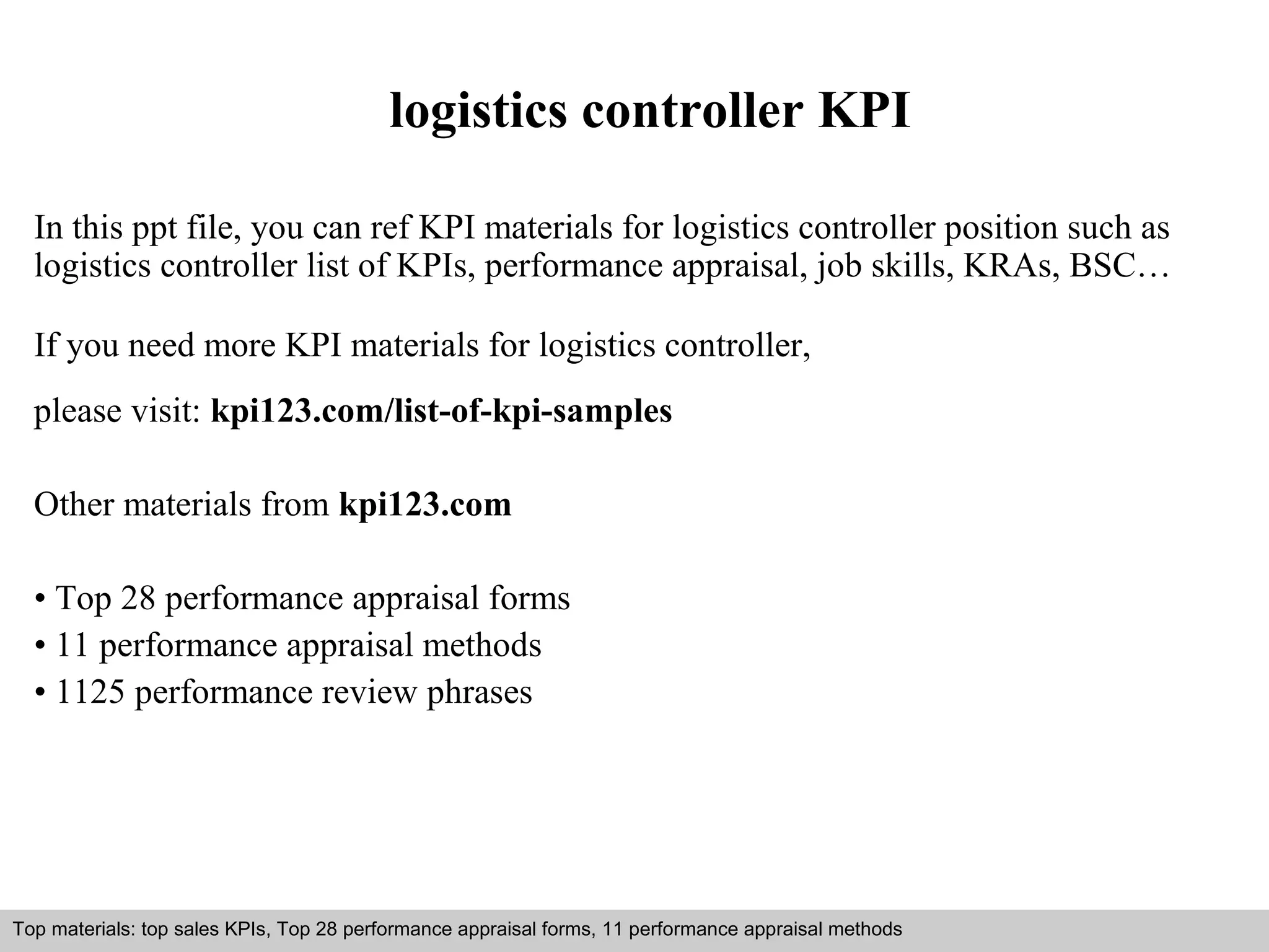 Logistics controller kpi | PPT | Logistics | Business