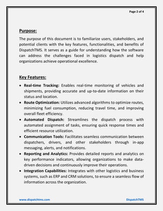 Logistics Dispatch Software - DispatchTMS | DOCX | Computer Software and Applications | Computing