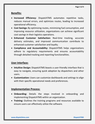 Logistics Dispatch Software - DispatchTMS | DOCX | Computer Software and Applications | Computing