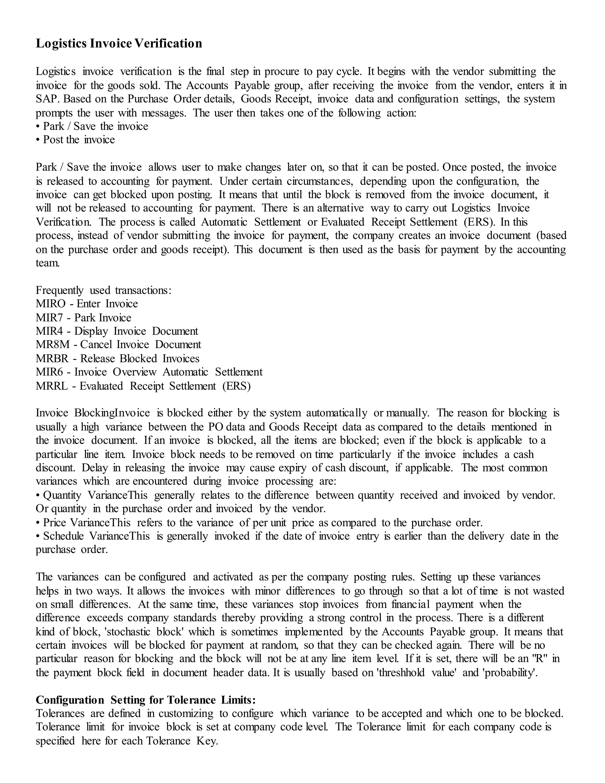 Logistics invoice verification(miro) | DOCX