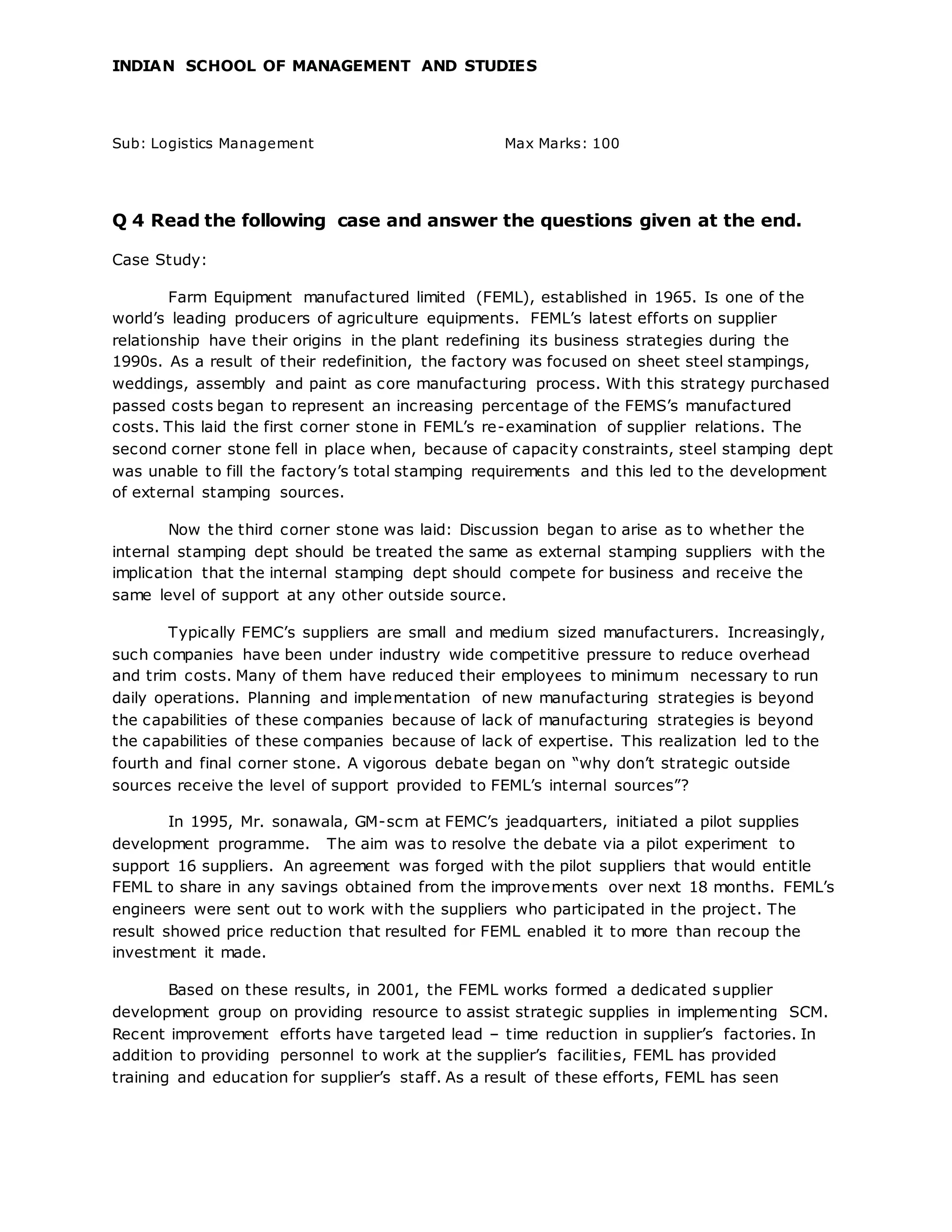 Logistics management question paper | DOCX