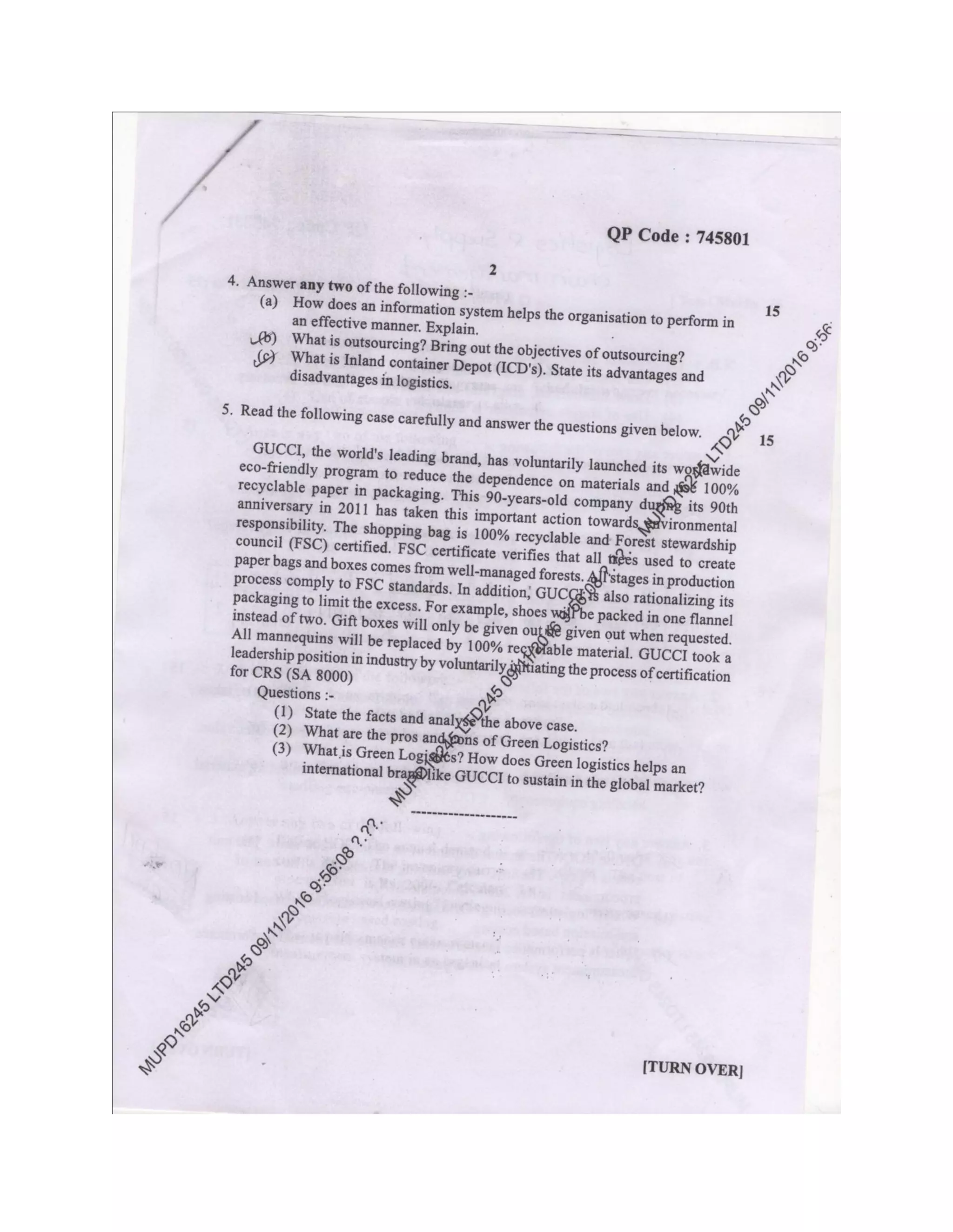 BMS 5th SEM Question Paper:-Logistic & SCM | PDF