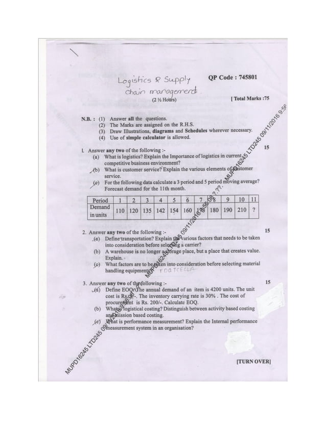 BMS 5th SEM Question Paper:-Logistic & SCM | PDF