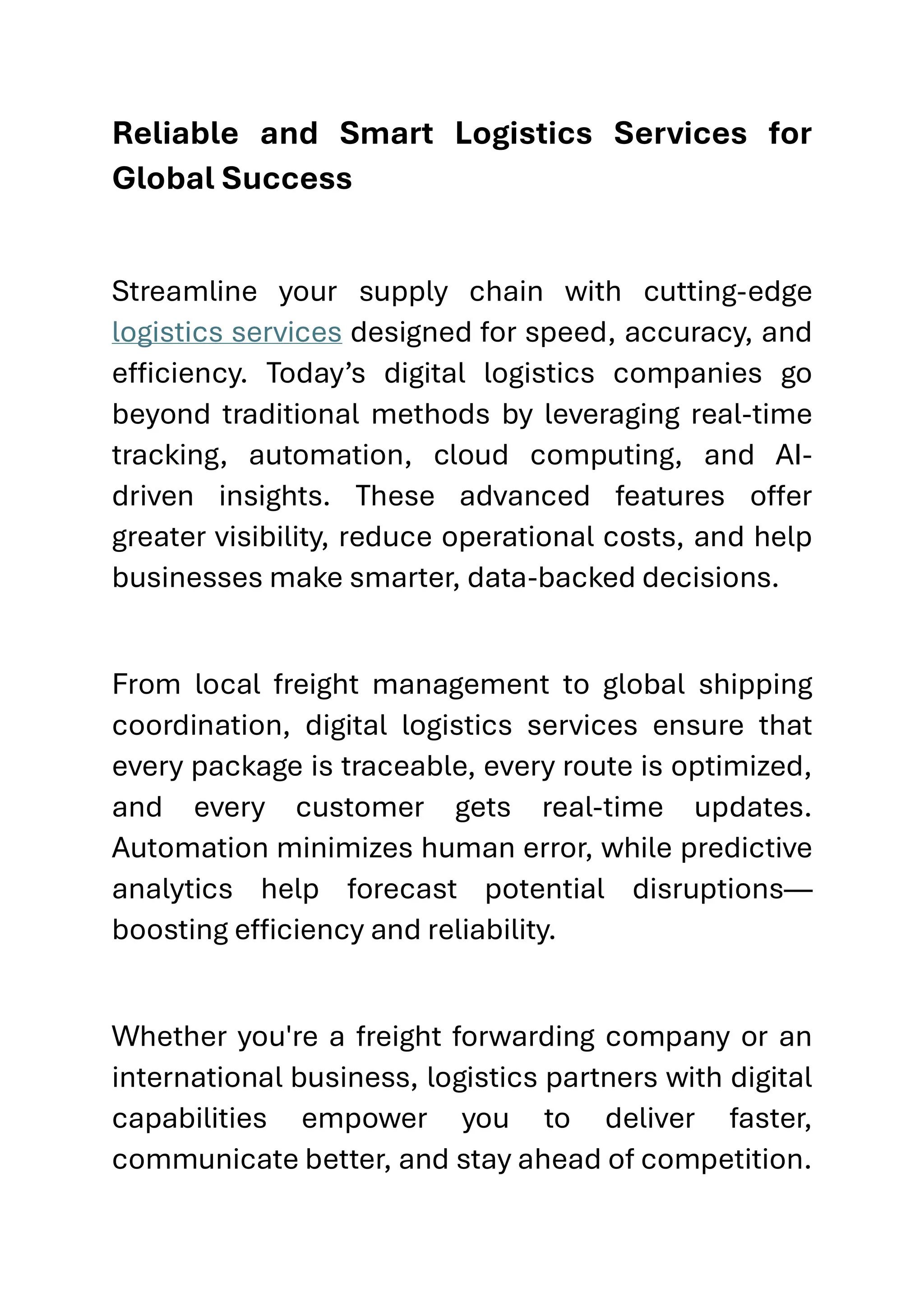 Reliable and Smart Logistics Services for Global Success | PDF