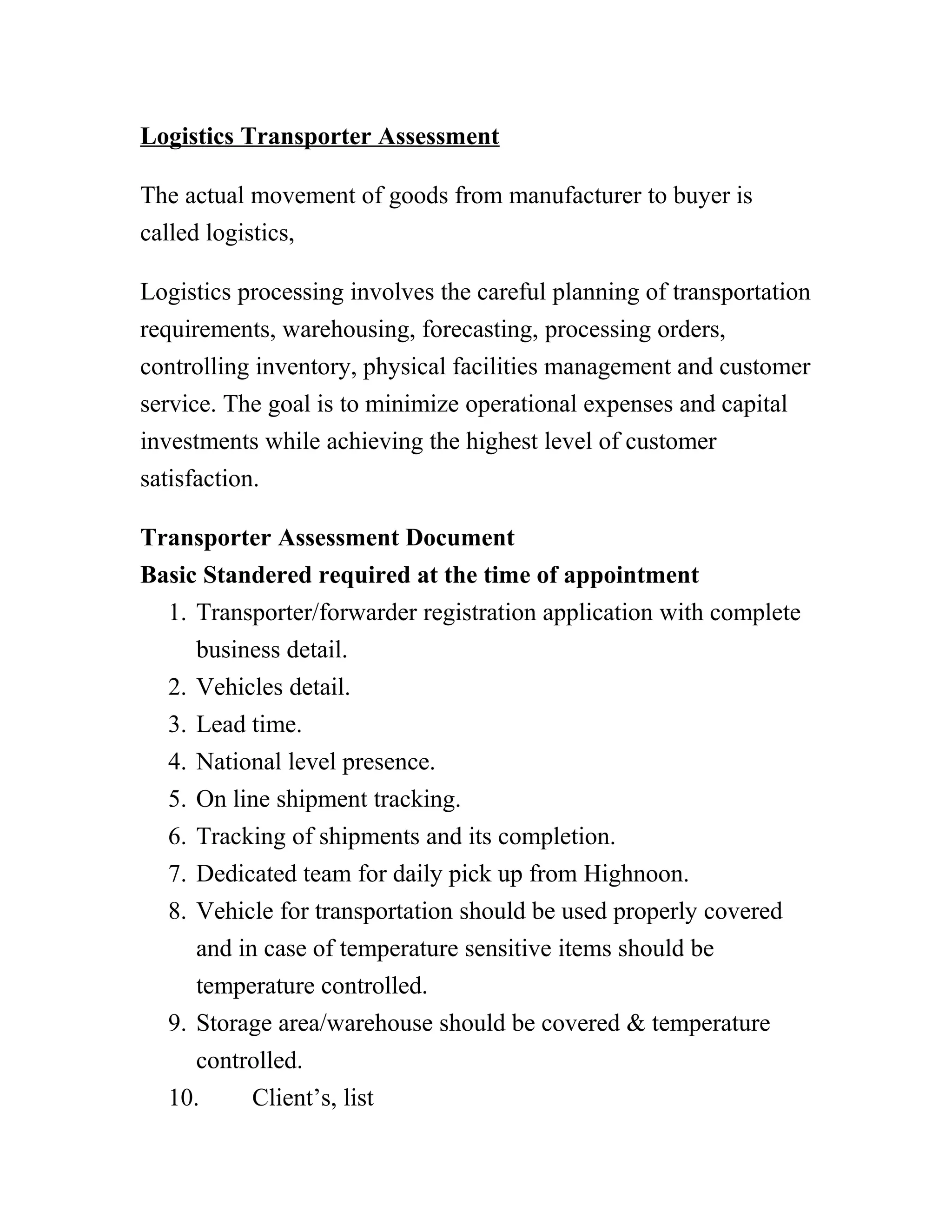 Logistics transporter assessment | DOC