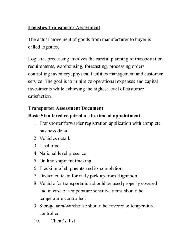 Logistics transporter assessment | PDF