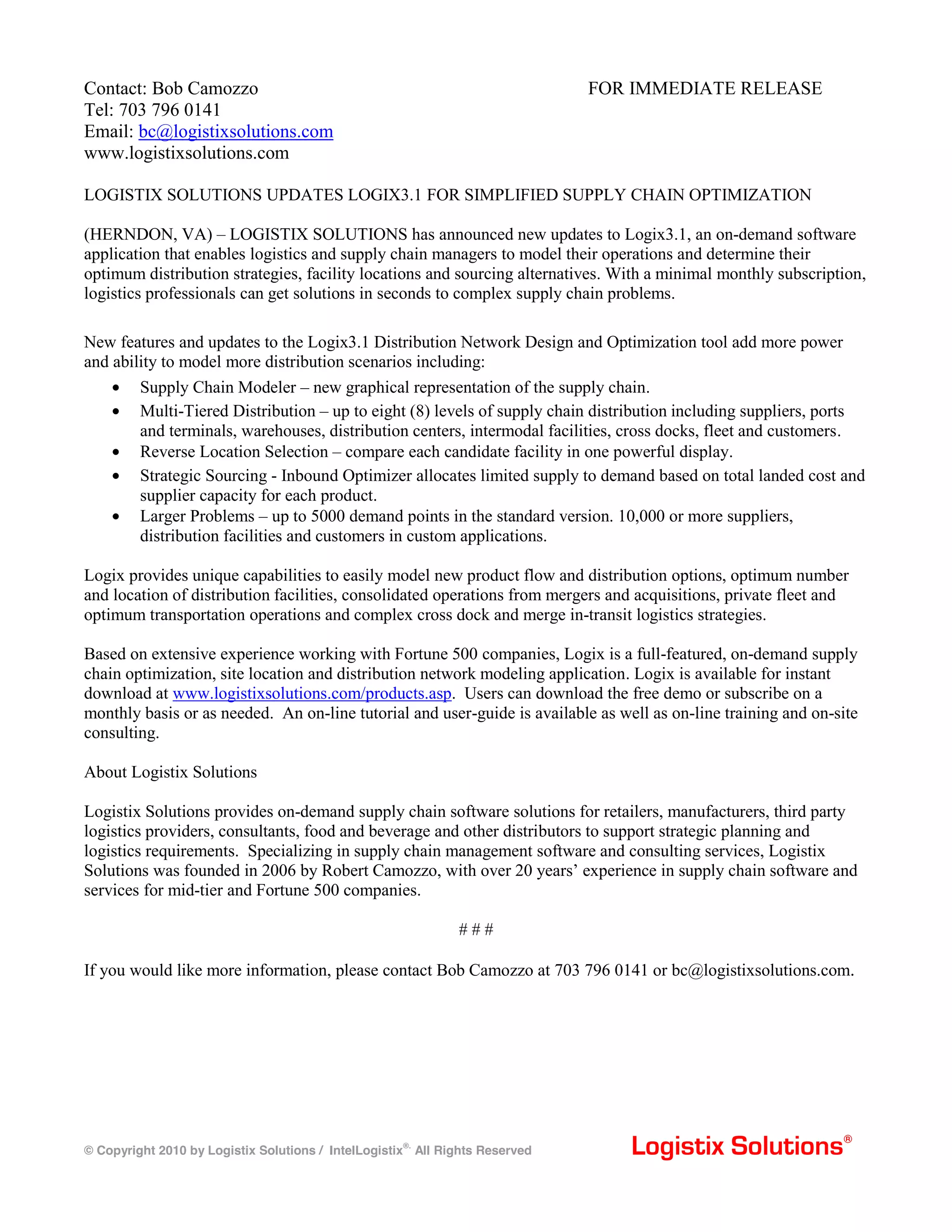 LOGISTIX SOLUTIONS UPDATES LOGIX3.1 FOR SIMPLIFIED SUPPLY CHAIN ...