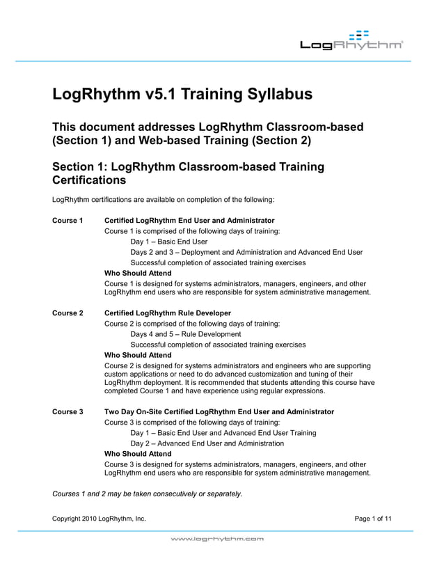 LogRhythm Training Syllabus Data Sheet | PDF