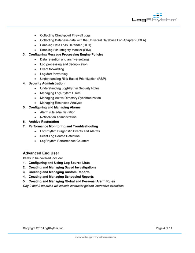 LogRhythm Training Syllabus Data Sheet | PDF