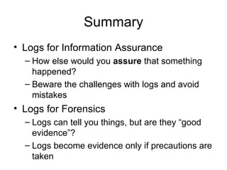Logs for Information Assurance and Forensics @ USMA | PPT