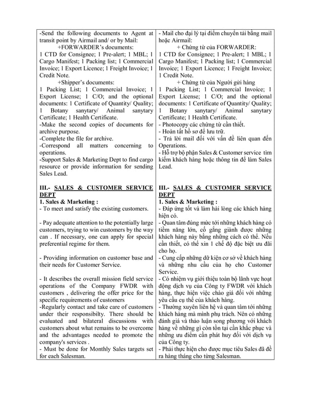 FORWARDER-Working Instructions for departments (eng-vnm) (s) | PDF