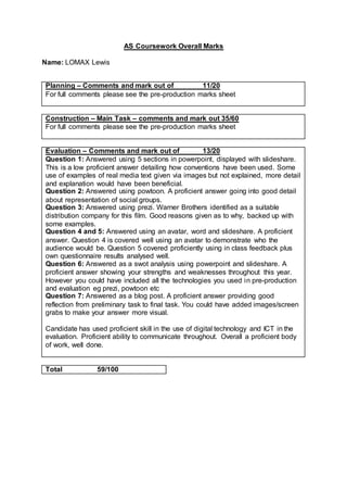 Lomax lewis as cw evaluation and overall feedback sheet | DOCX