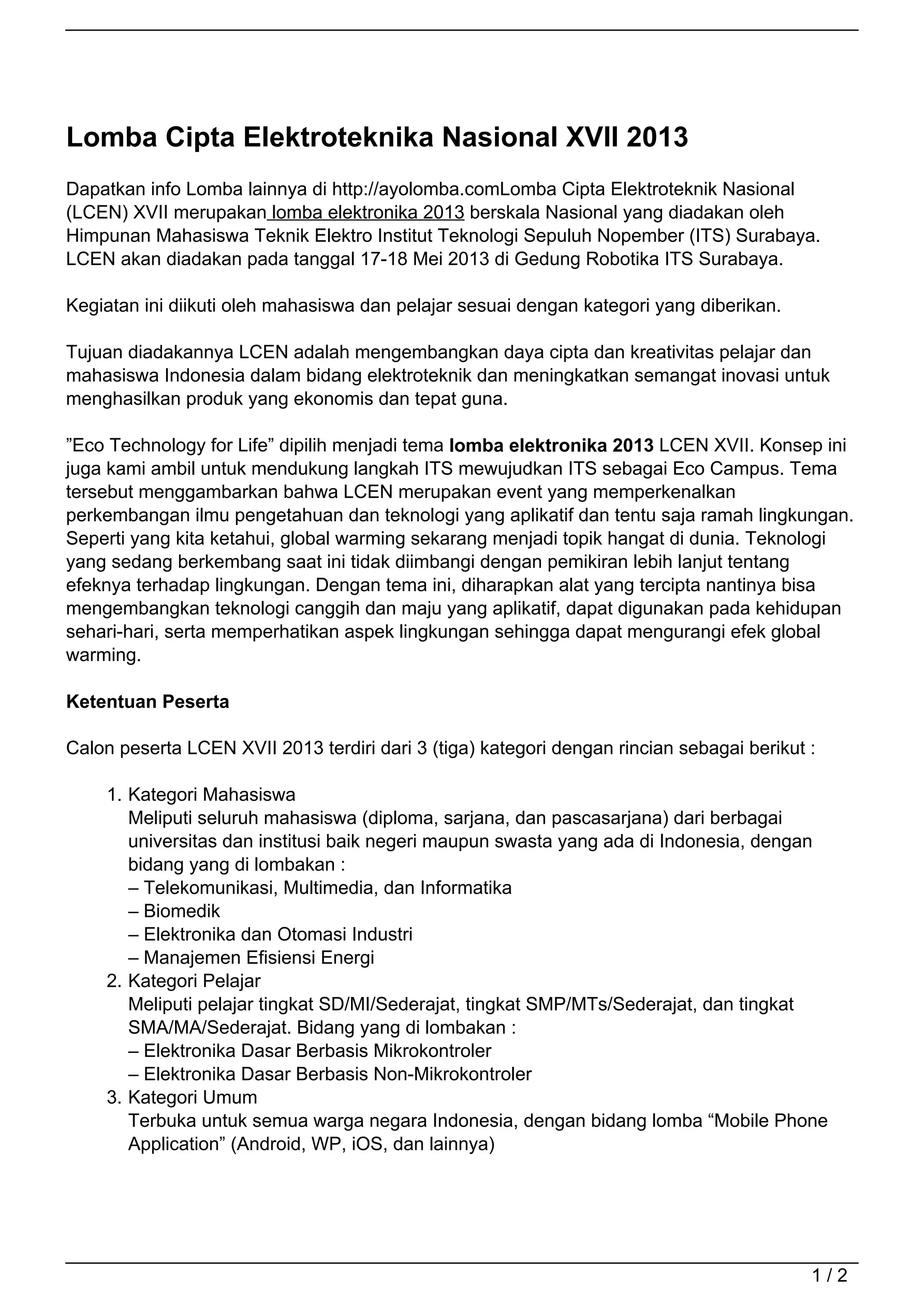 Lomba Cipta Elektroteknika Nasional XVII 2013 | PDF