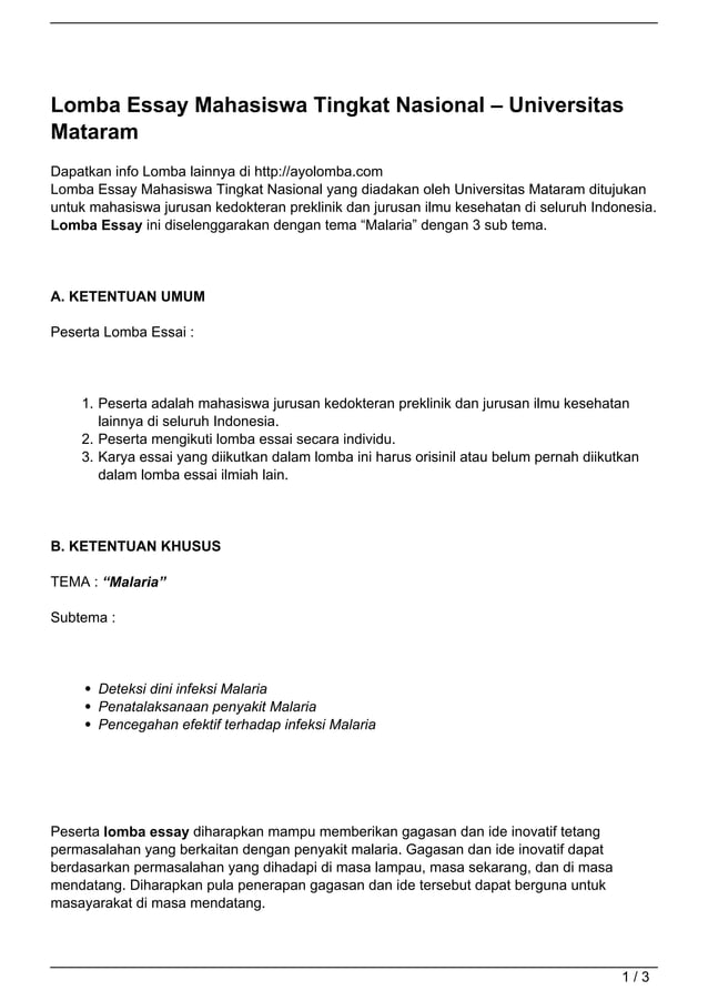 Lomba Essay Mahasiswa Tingkat Nasional – Universitas Mataram | PDF