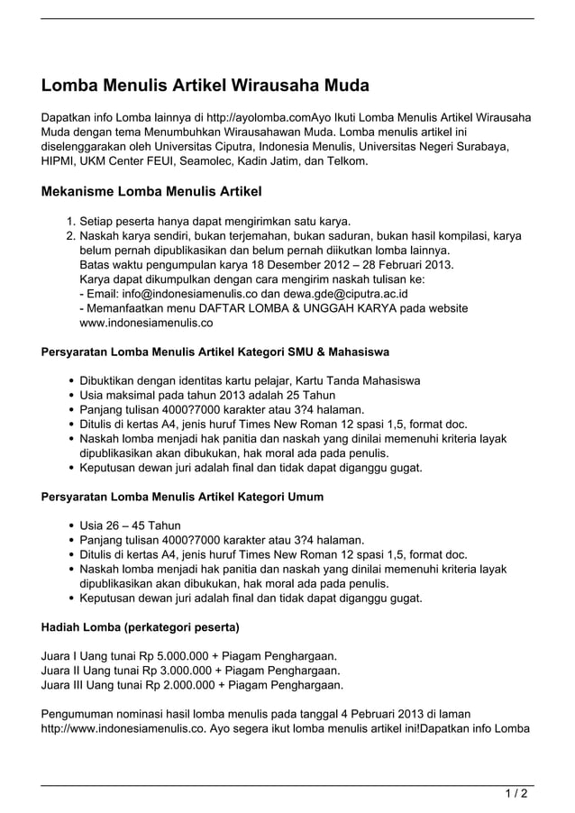 Lomba Menulis Artikel Wirausaha Muda | PDF