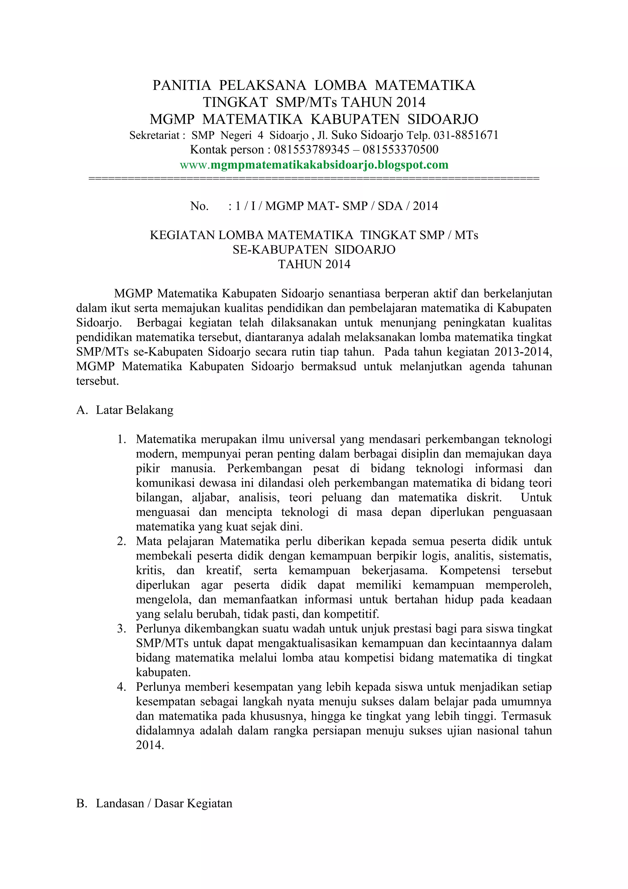 Lomba matematika 2014 unggah ke web | DOC