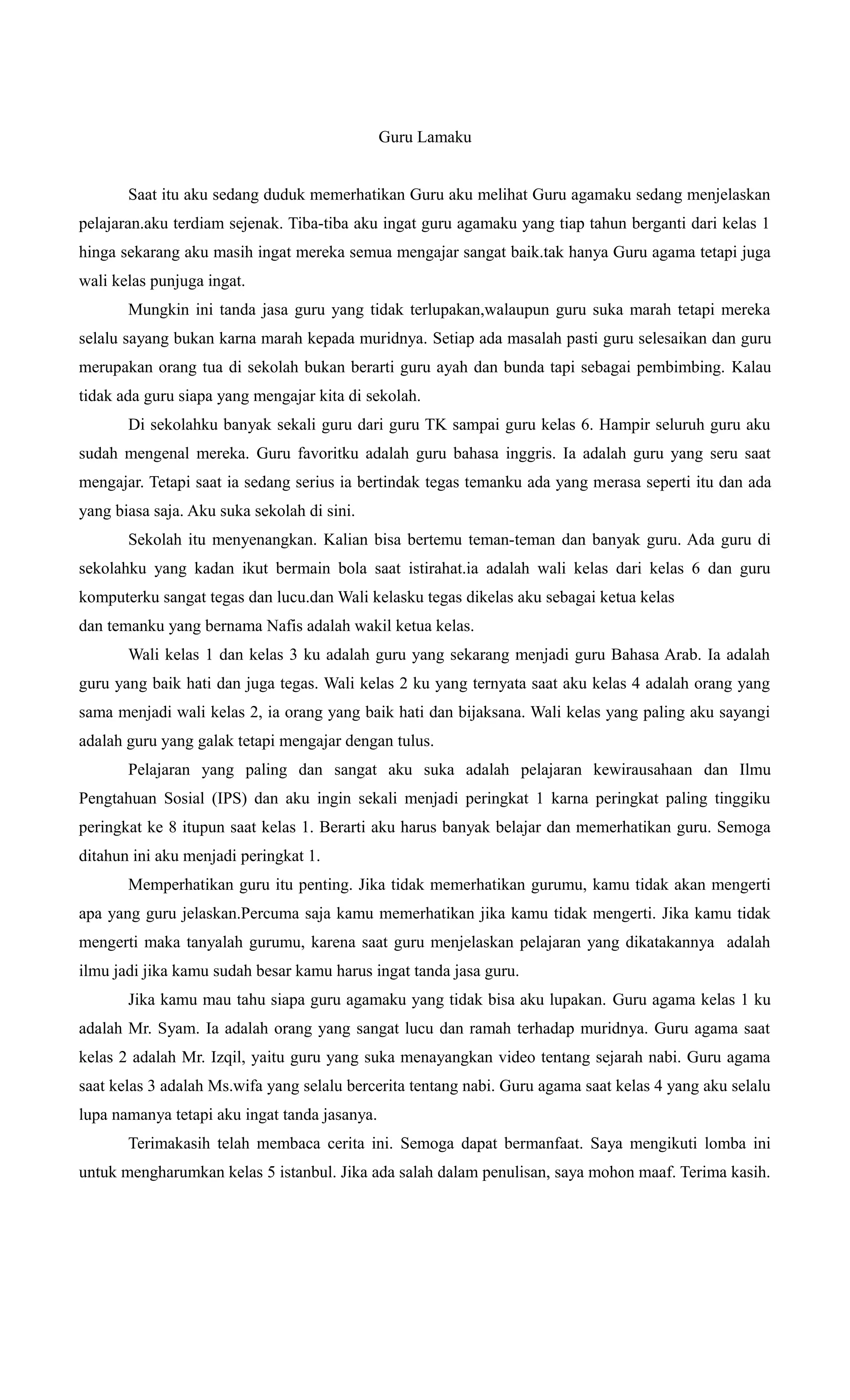 Cerpen karya " sulthan syarif b.u" judul guru lamaku sdit mentari ...