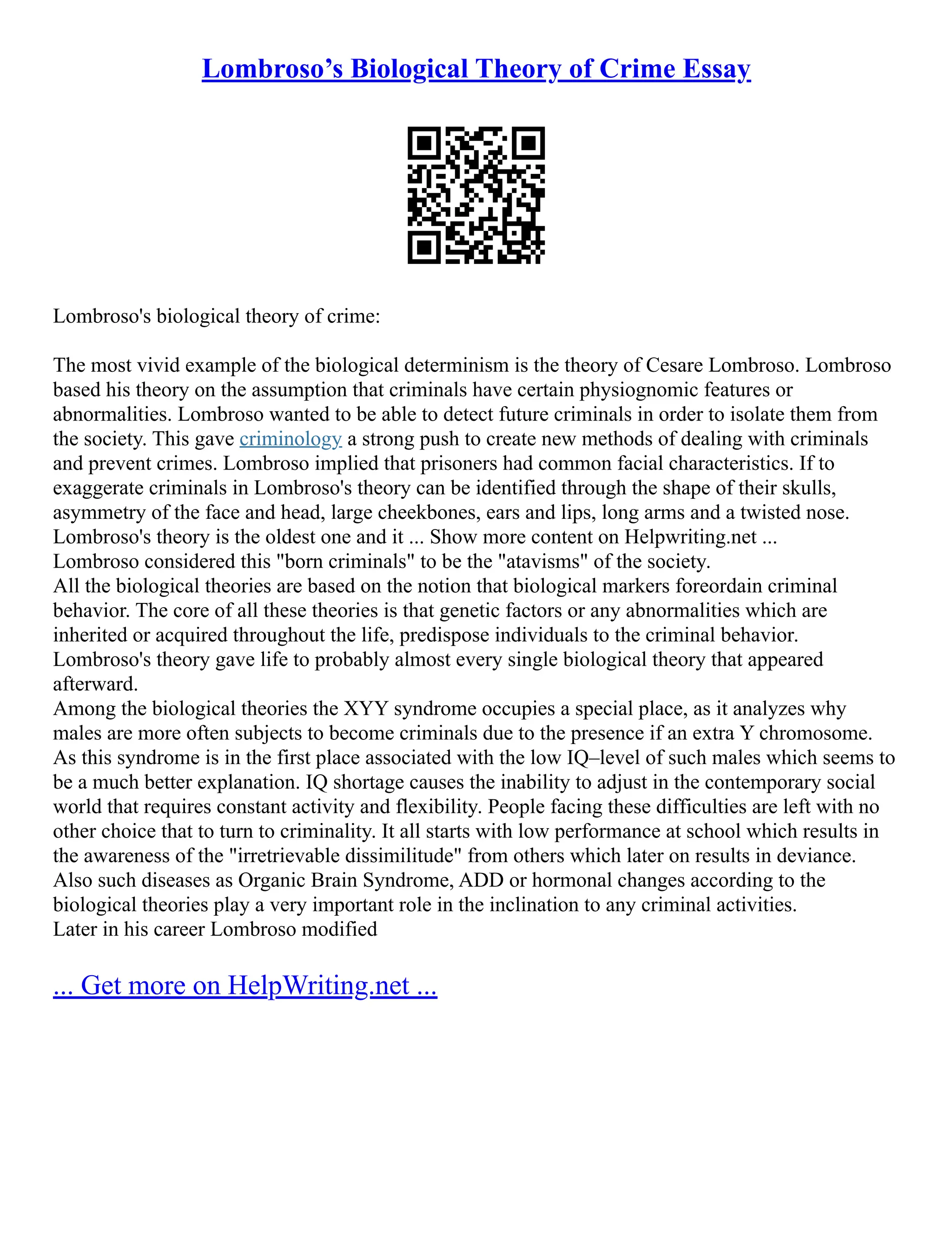 Lombroso’S Biological Theory Of Crime Essay | PDF