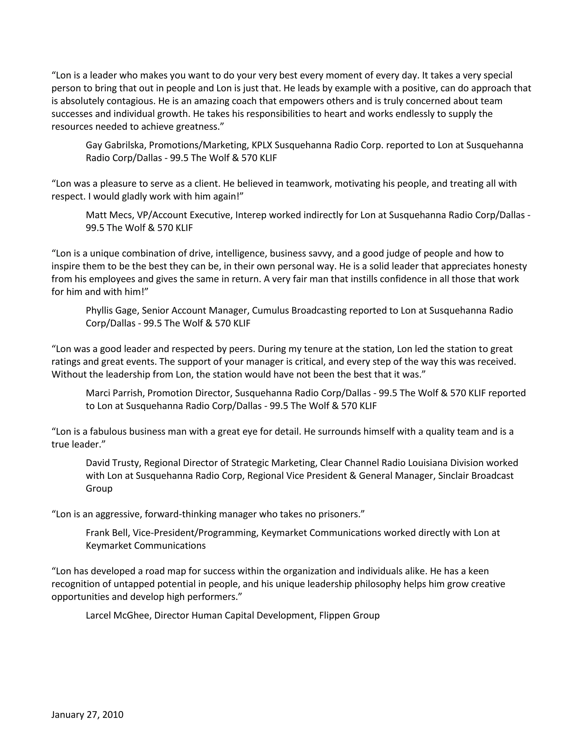 Lon Bason Recommendations | PDF