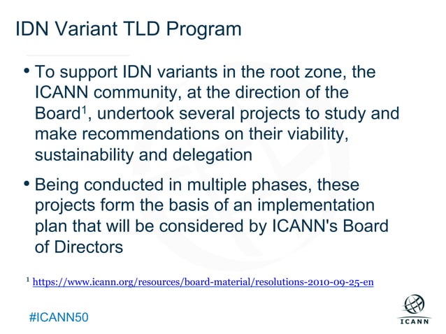 ICANN 50: IDN Variant TLD Program GNSO Update | PDF
