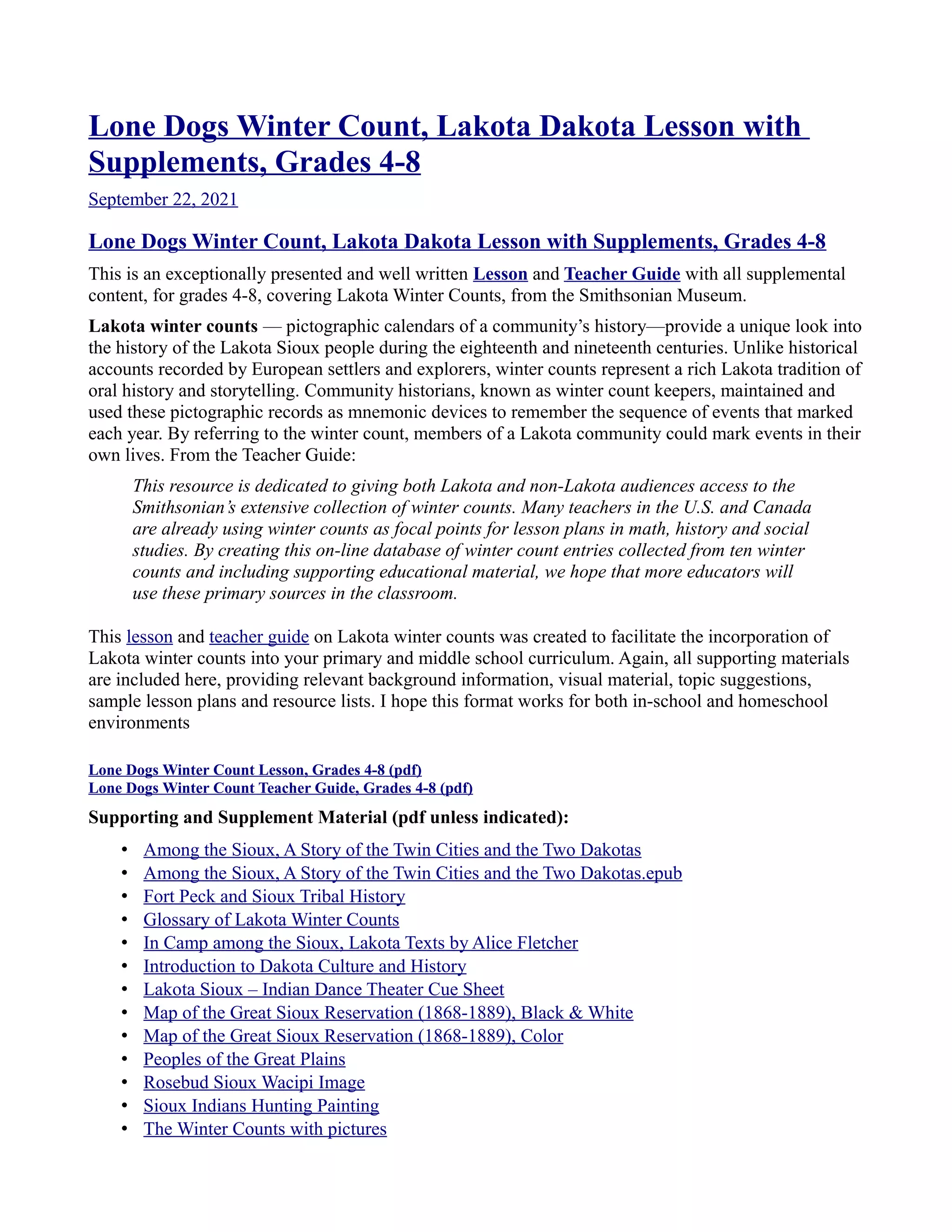 Lone dogs winter count, lakota dakota lesson with supplements, grades 4 ...