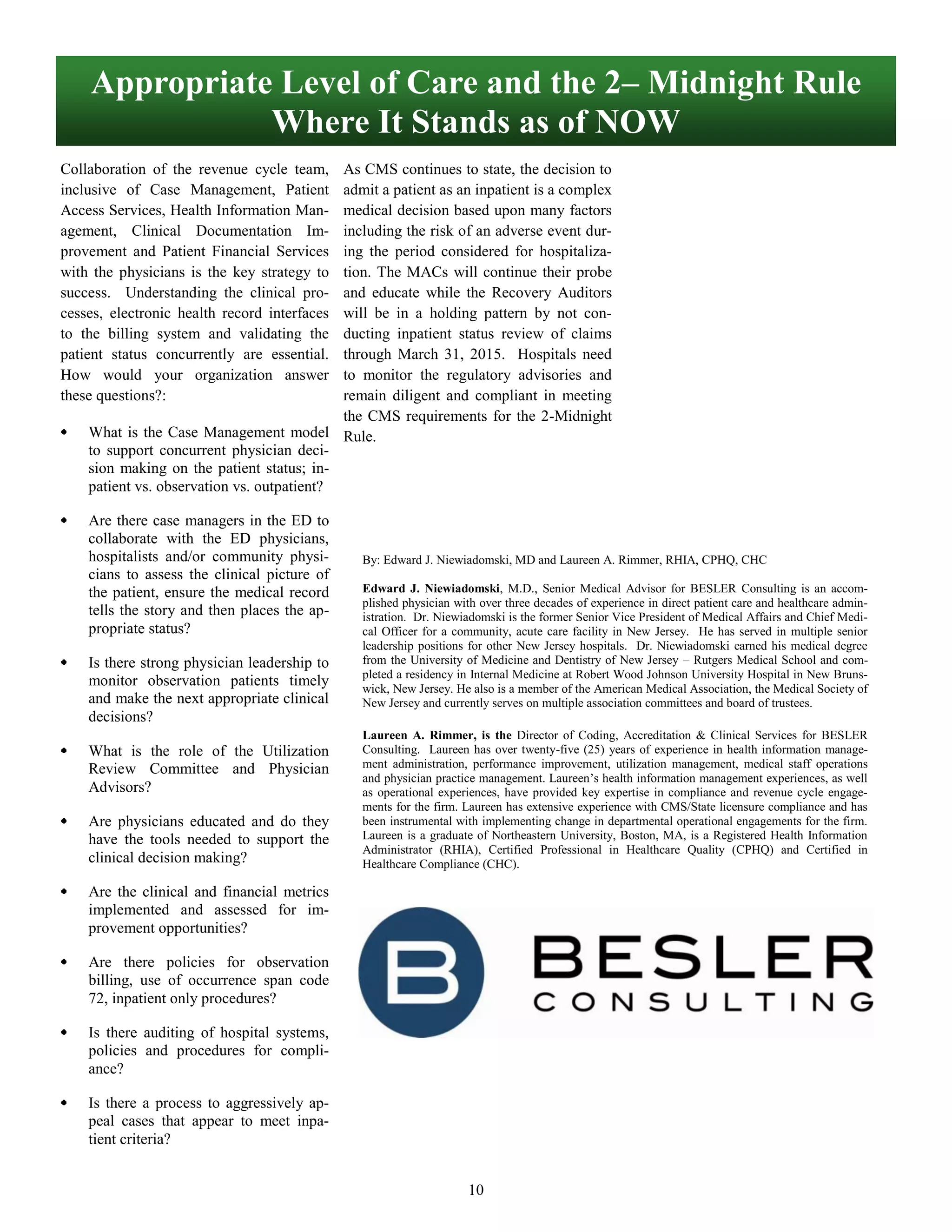 Appropriate Level of Care and the 2– Midnight Rule Where It Stands as ...